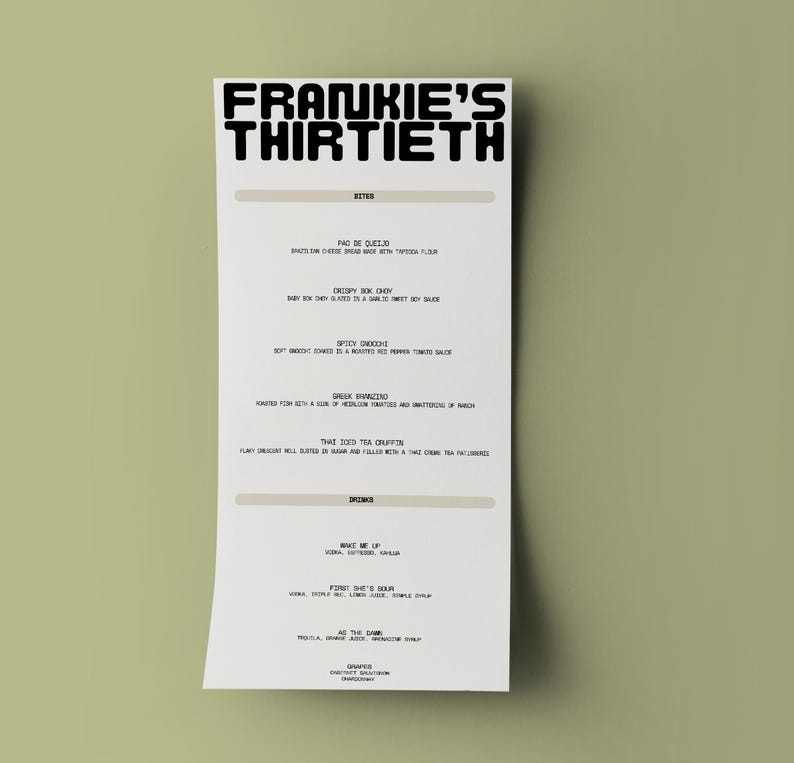Unique Slim Menu Template - Funky, Dinner Party, Modern Wedding ...