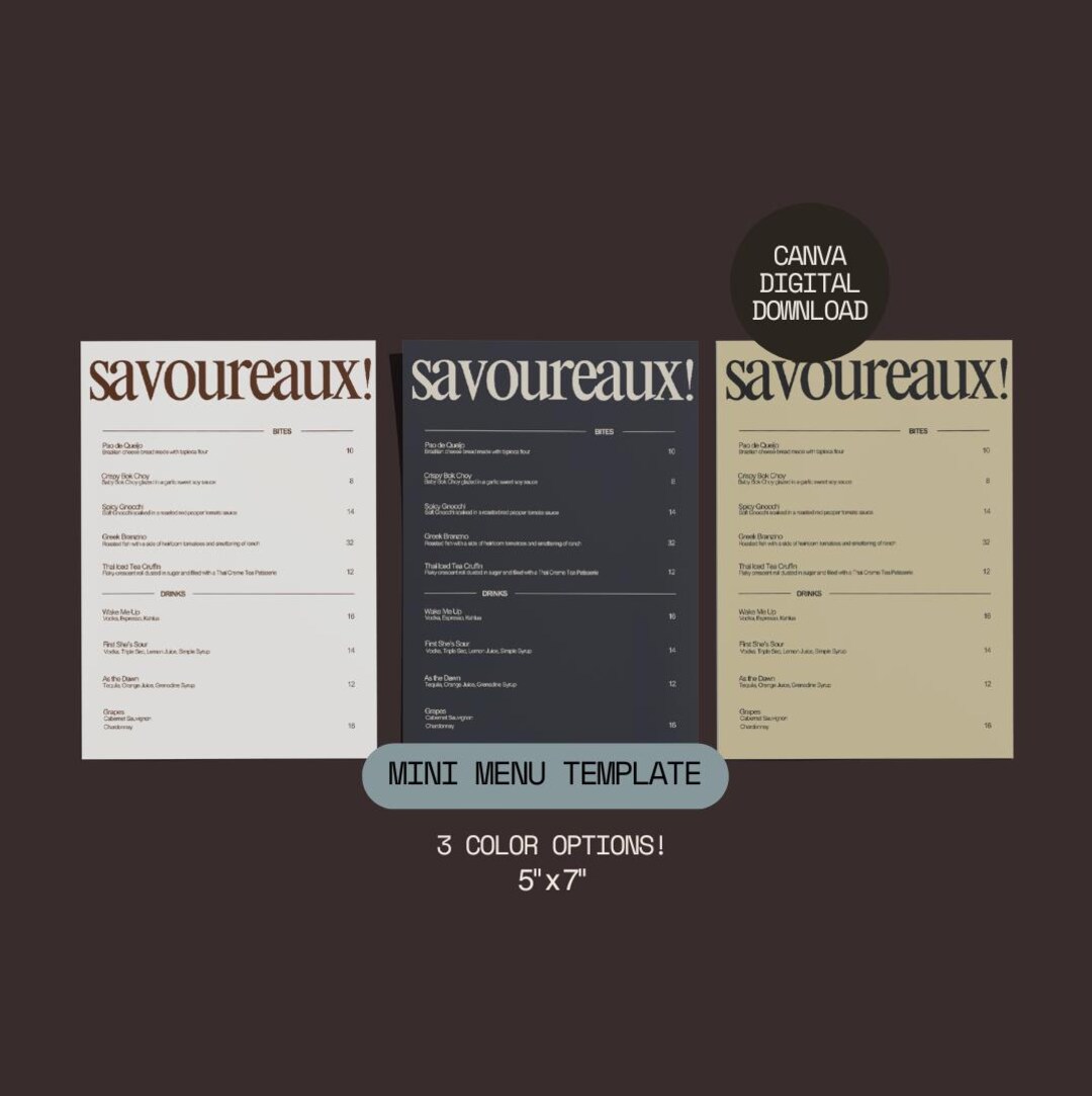 Unique Mini Menu Template Dinner Party, Wedding, Birthday, Baby Shower ...