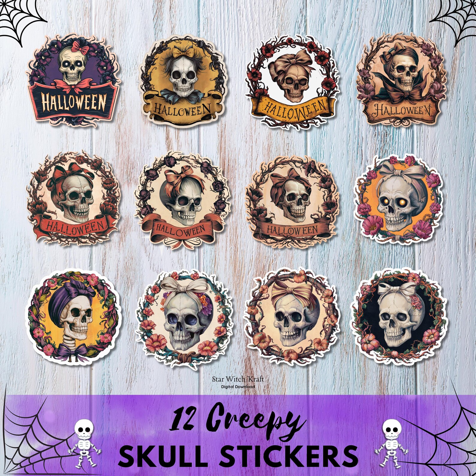 12 Creepy Skull Stickers - Digital Pngs for Halloween Fun, Instant ...