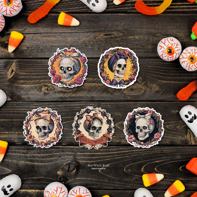12 Creepy Skull Stickers - Digital Pngs for Halloween Fun, Instant ...