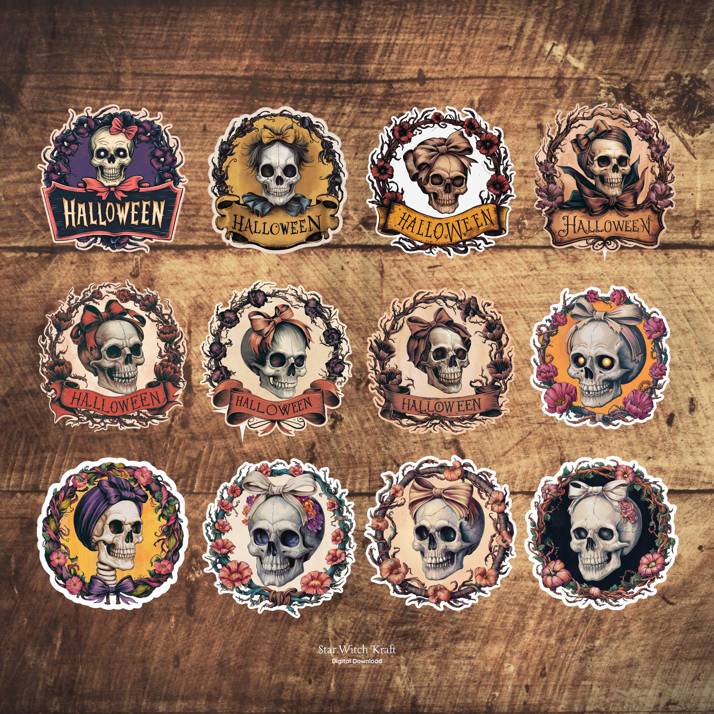 12 Creepy Skull Stickers - Digital Pngs for Halloween Fun, Instant ...