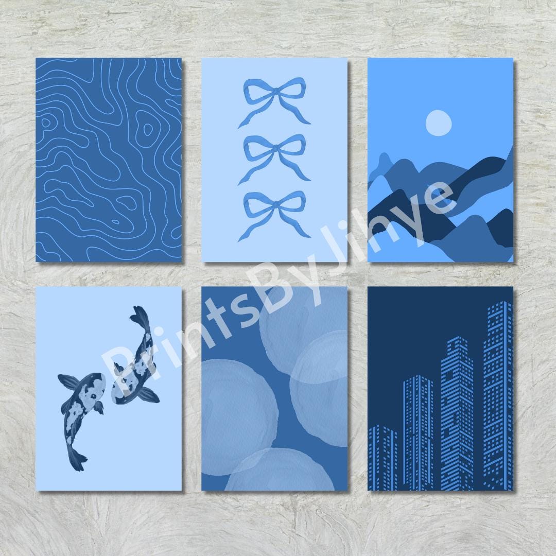 Minimal Blue Prints, Aesthetic Trendy Wall Art, Set of 6, College Dorm ...