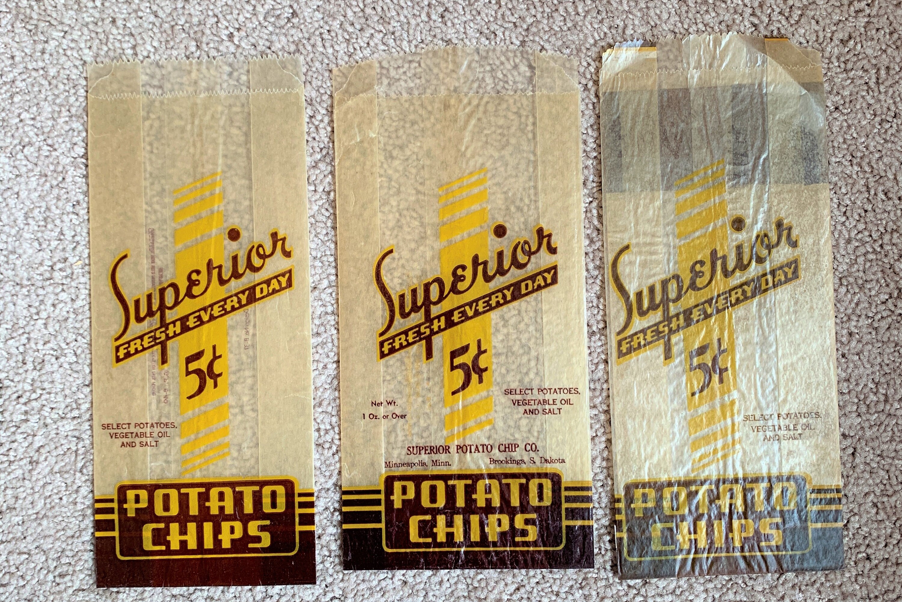 Lot of Three 3 Antique Potato Chip Bags, Superior, Wax Bags, Unused ...