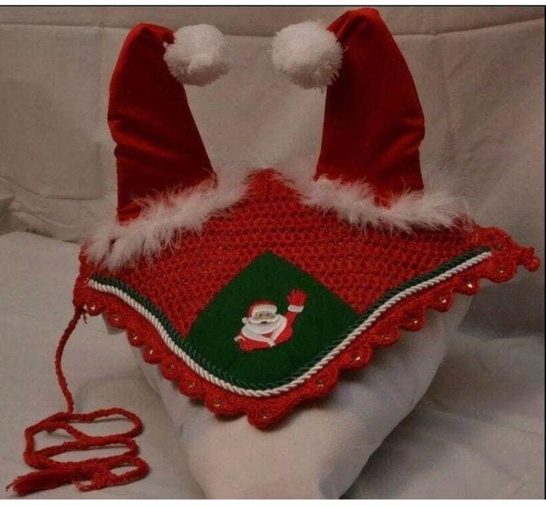 Hand Made Christmas Santa Claus Horse Ear Bonnet Fly Veil Cotton ...