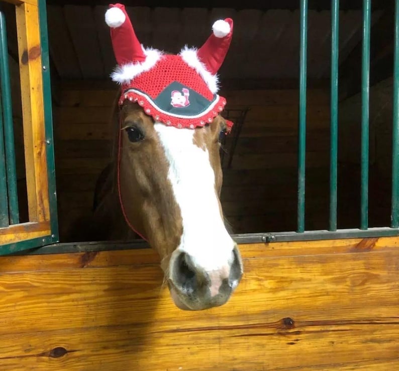 Hand Made Christmas Santa Claus Horse Ear Bonnet Fly Veil Cotton ...