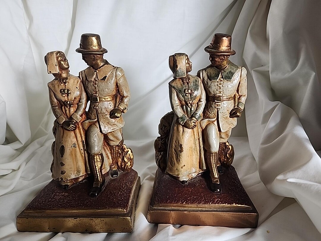 Vintage Armor Bronze Pilgrim Bookends Painted Figural Pair Taunton MA ...