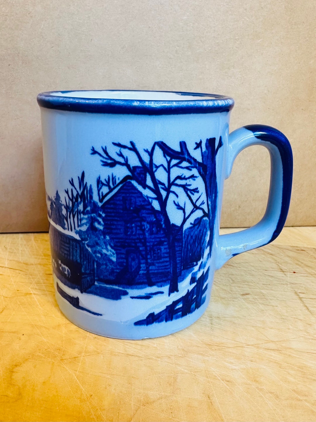 Vintage Blue Mug- Winter Scene With Barn and Cows - Etsy