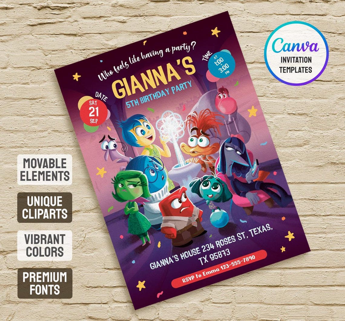 Inside Out 2 Birthday Invitation, Insideout Printable Invitation, Movie ...