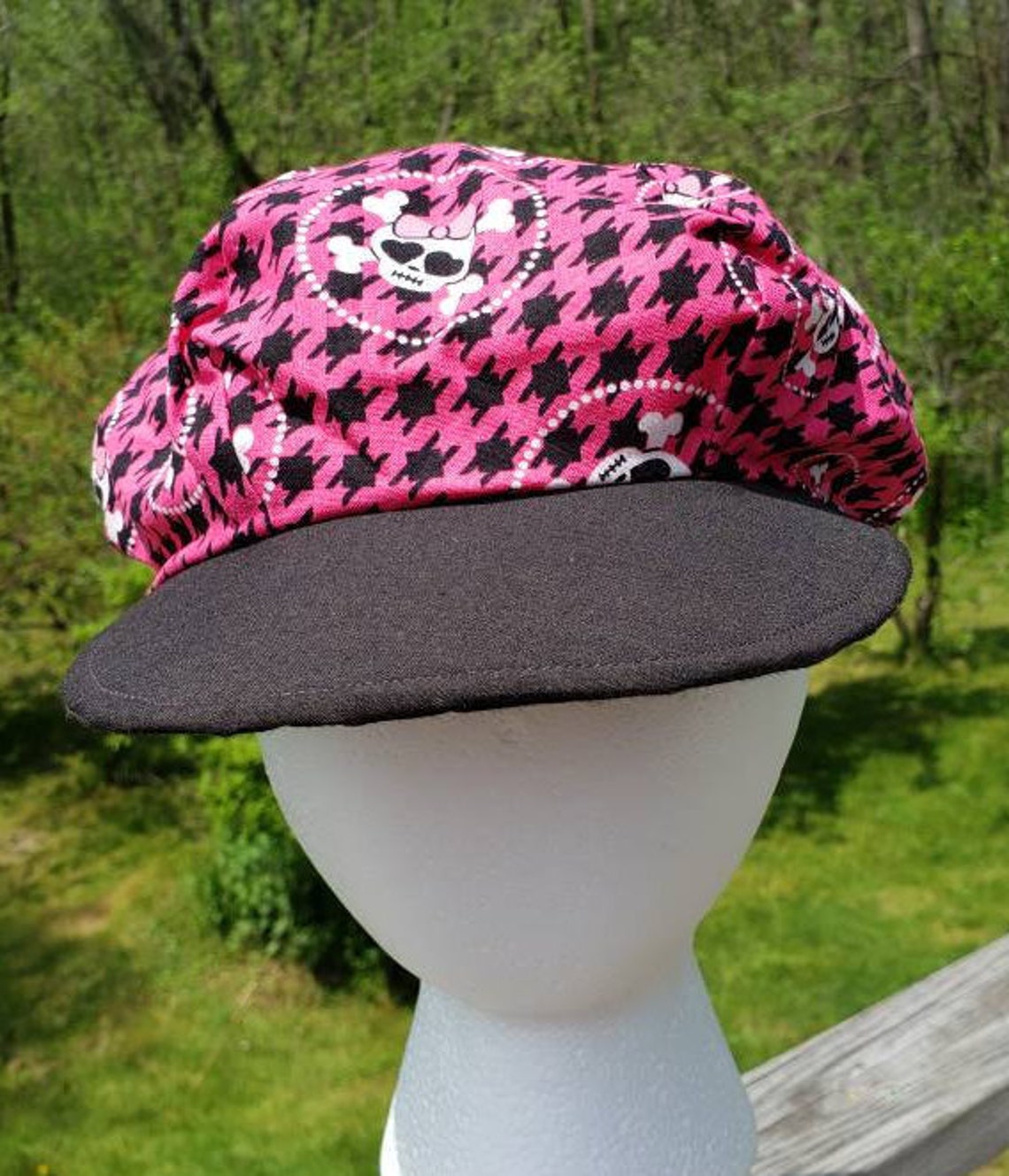 Reversible Cotton Newsboy Cap With Pink Batick and Skulls With Pink ...
