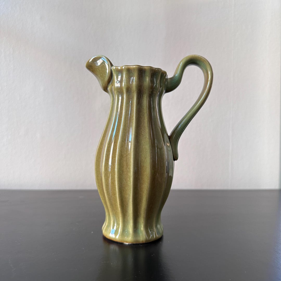 Vintage Ribbed Ceramic Pottery Pitcher With Unique Fluted Lip - Etsy