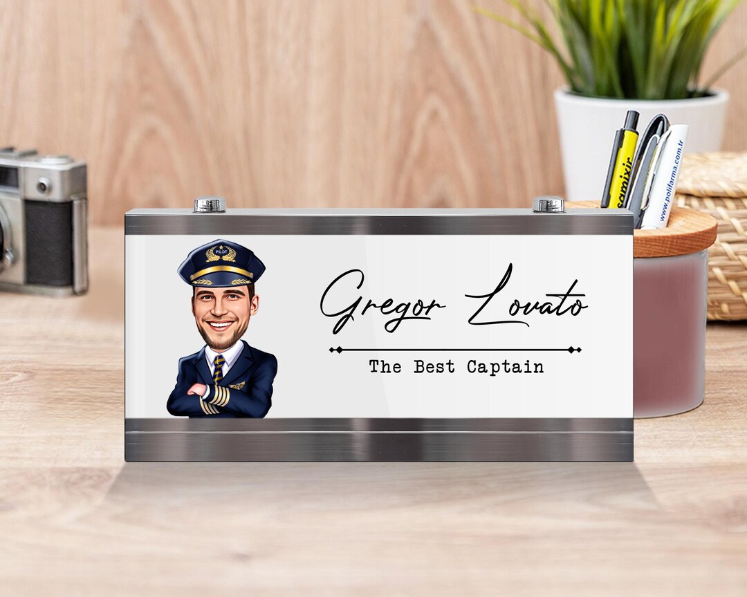 Pilot Desk Name Metal Sign With Cartoon, Caricature Pilot Portrait ...