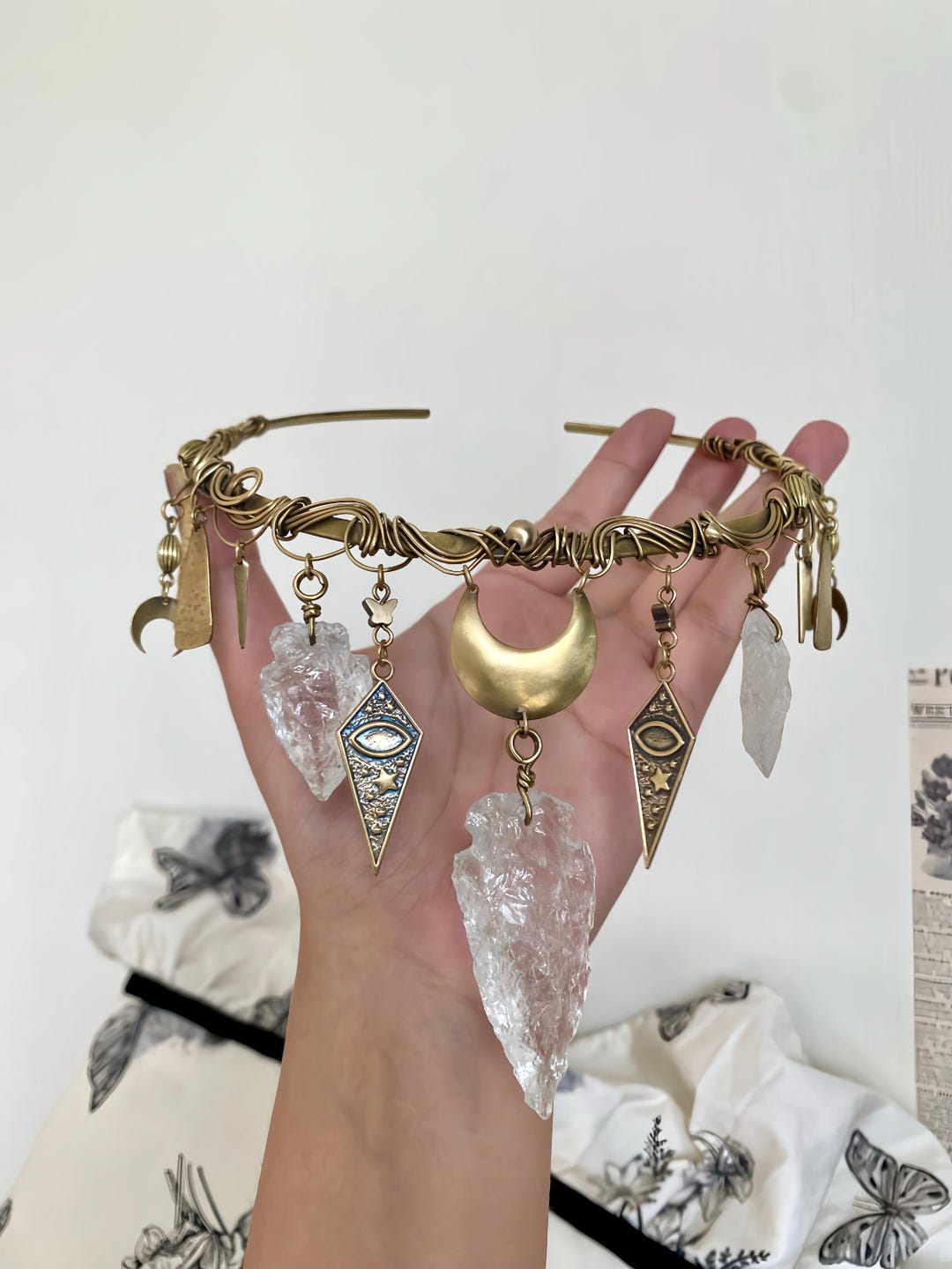Crystal Moon Goddess Crown With Brass Accents – Raw Quartz Arrowhead ...