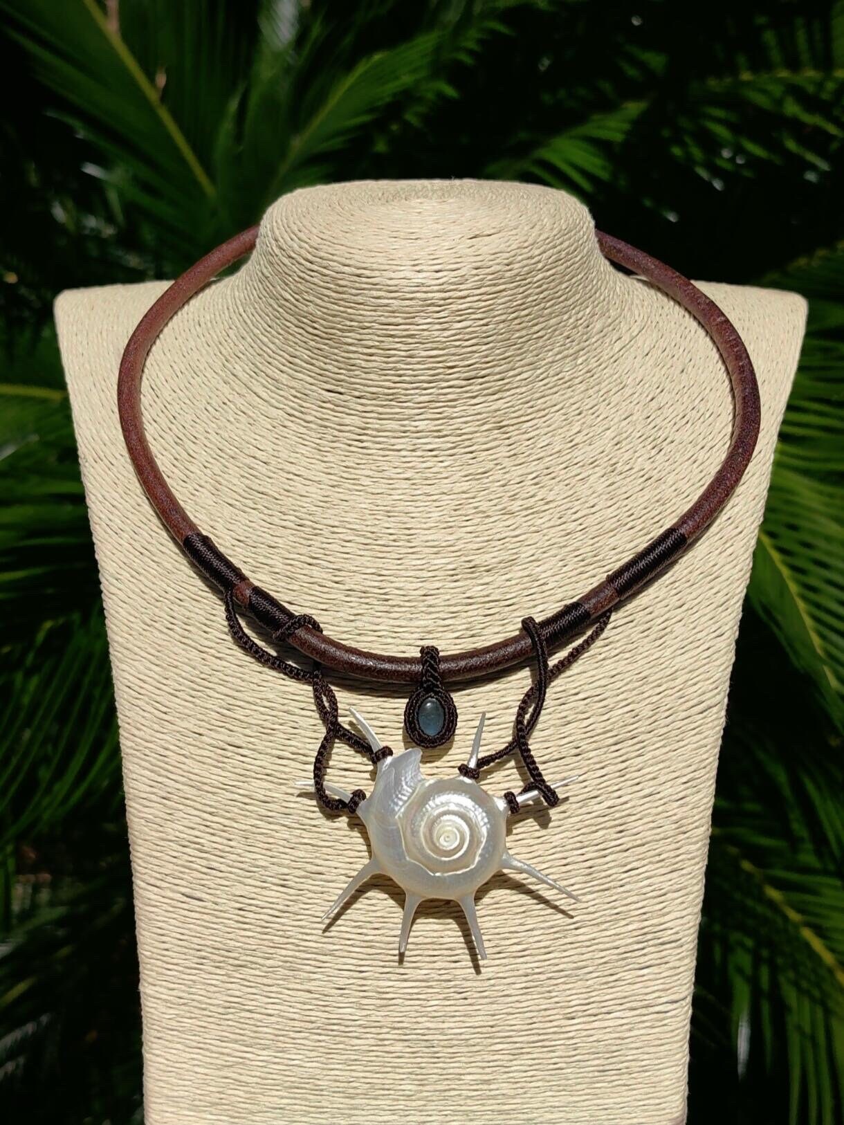 Handcrafted Leather Choker With Natural Shell Sun Pendant and ...