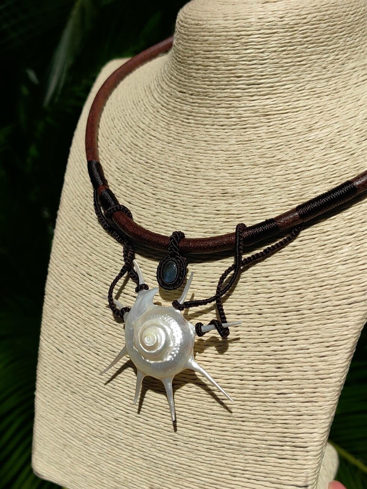 Handcrafted Leather Choker With Natural Shell Sun Pendant and ...