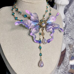 Iridescent Fairy Wing Necklace Handmade Purple Blue Butterfly Pendant Fantasy Jewelry With Teal ...