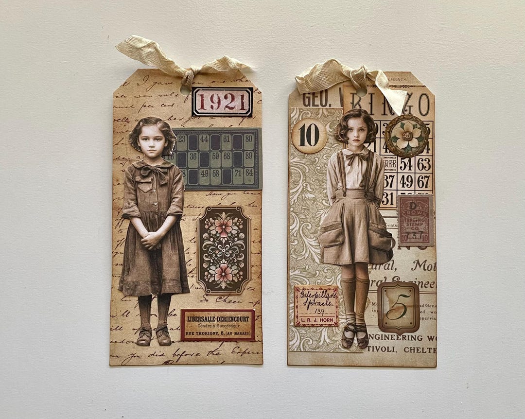 Set of 2 Handmade Vintage Style Altered Large Tags for Journals ...