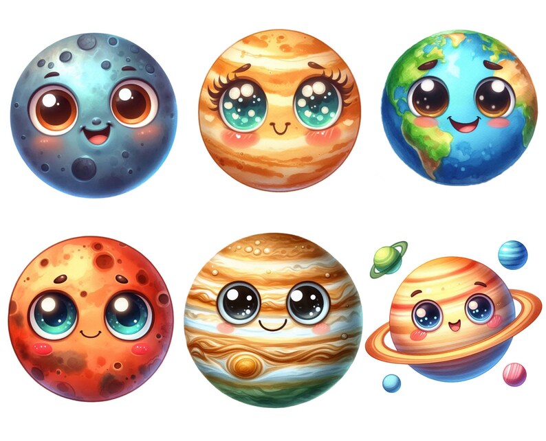 Watercolor Cartoon Planets Clipart Set: Children's PNG (digital ...