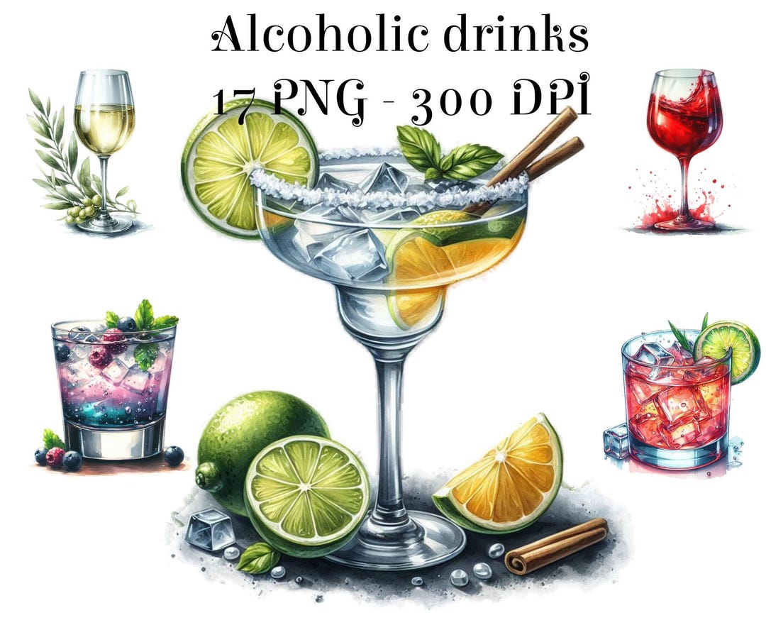 Watercolor Cocktail Drink Clipart Bundle, Alcohol Illustrations in PNG ...