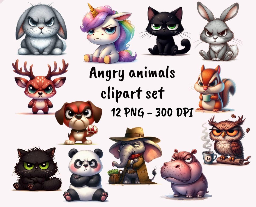 Funny Angry Animals Set, 12 PNG Animals Clipart, High Quality ...