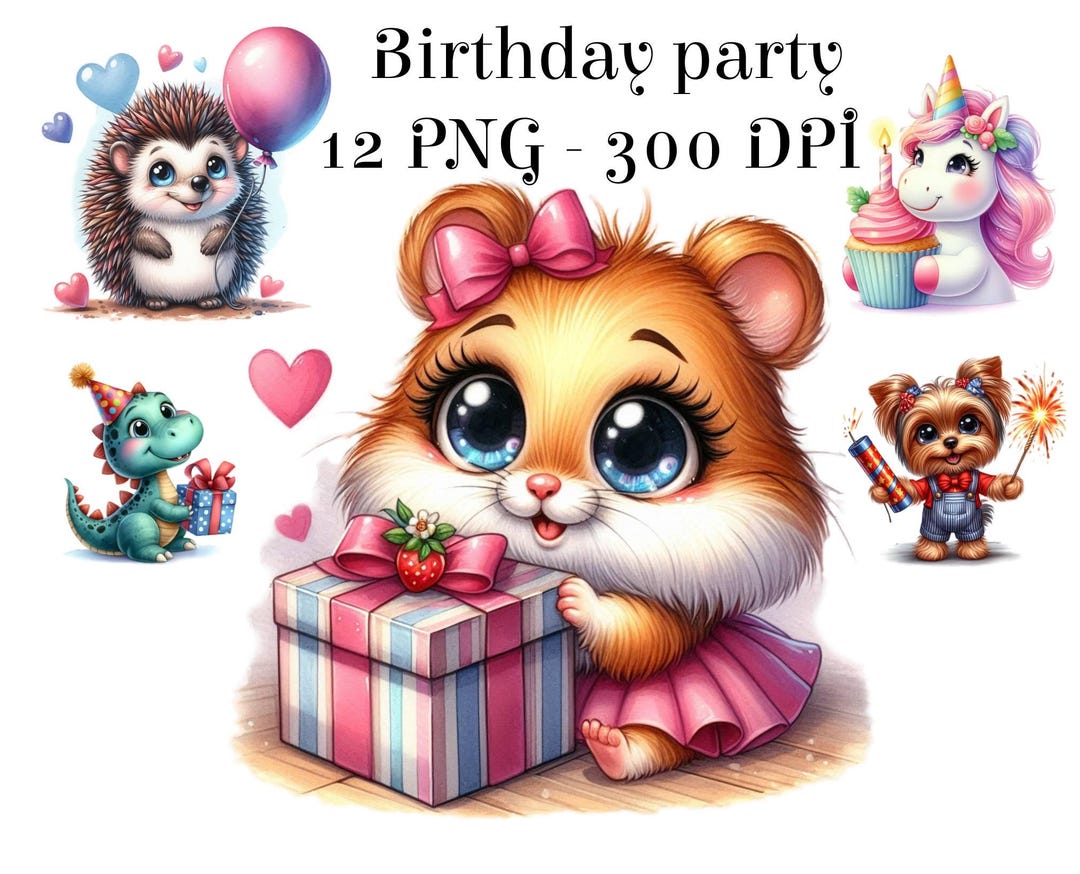 Watercolor Animal Happy Birthday Clipart Set, Birthday Party PNG, Happy ...