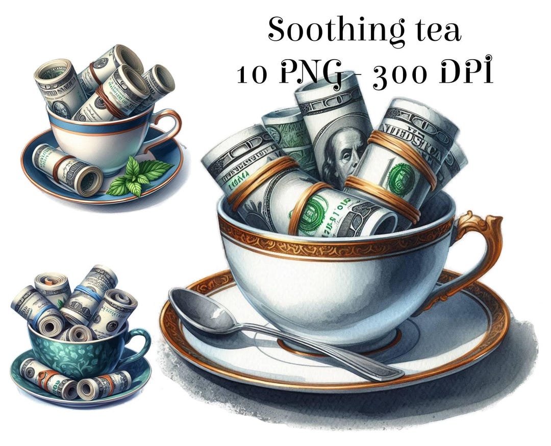 Watercolor Money Cup Clipart: Green Tea Dollars, PNG Bundle (digital ...