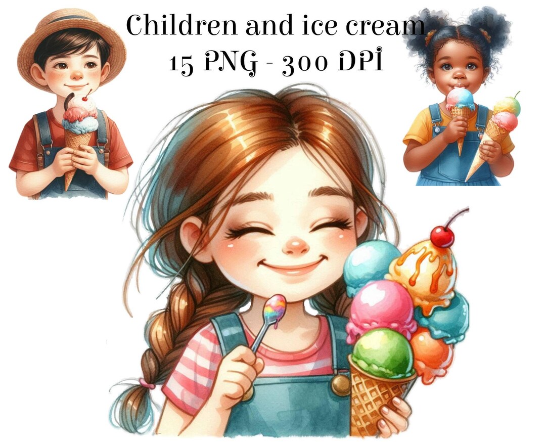 Children and Ice Cream Watercolor Clipart, 15 PNG Boy and Girl and Ice ...