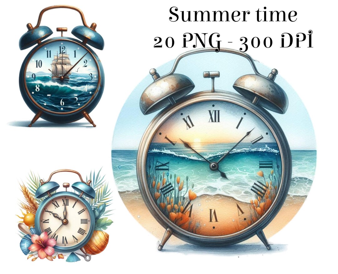 20 Summer Alarm Clocks Watercolor Clip Art, Sea Clip Art, Summer ...