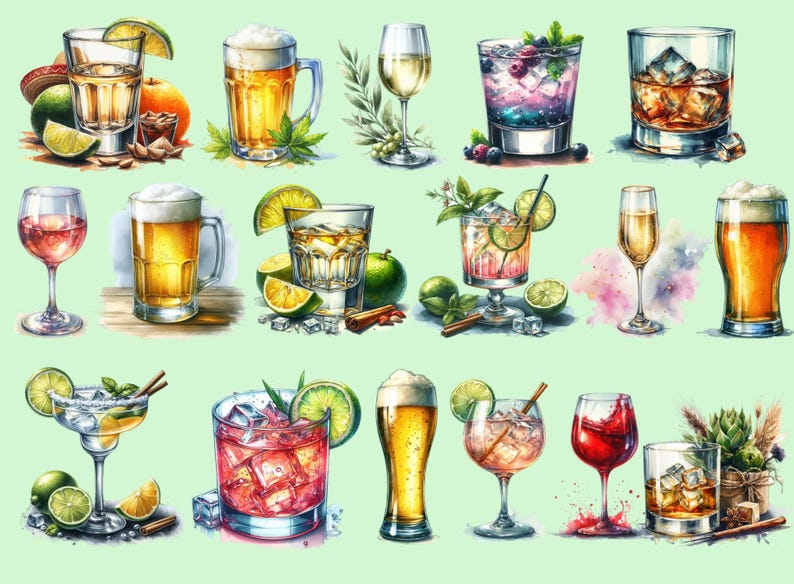 Watercolor Cocktail Drink Clipart Bundle, Alcohol Illustrations in PNG ...