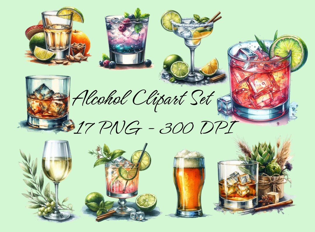 Watercolor Cocktail Drink Clipart Bundle, Alcohol Illustrations in PNG ...