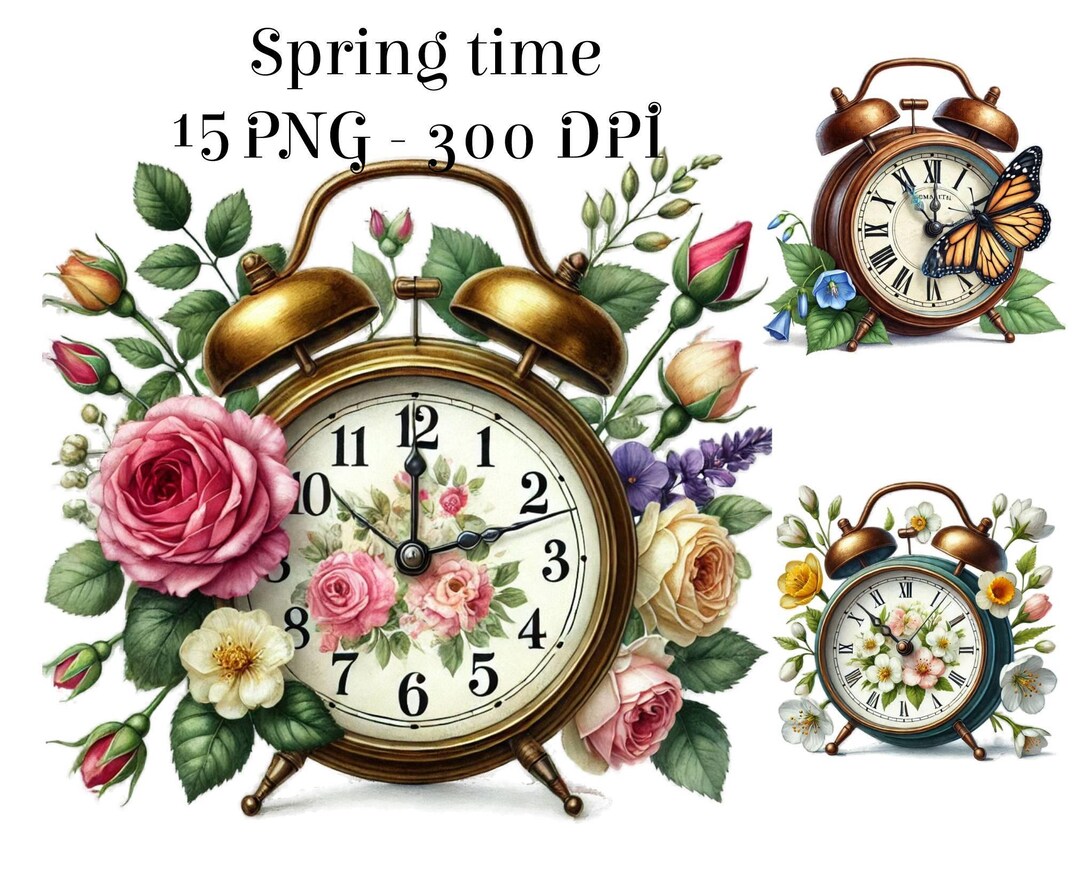 Watercolor Flower Alarm Clock Clipart: Spring 15 PNG Images (digital ...