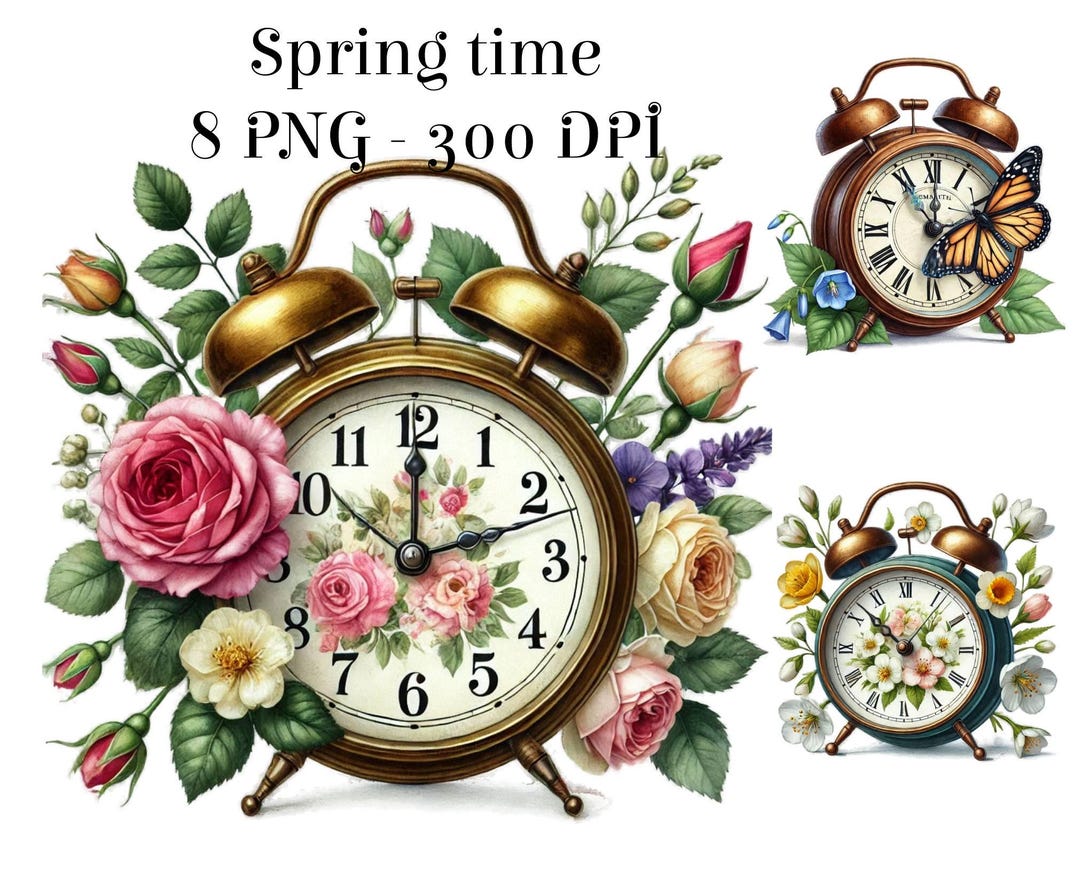 8 Flower Alarm Clocks Watercolor Clipart, Flower Clipart, Spring ...