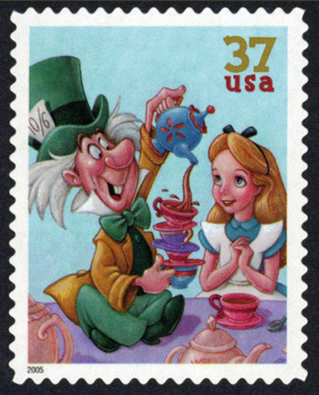 Five 5 Alice & Mad Hatter at Tea Party 37c Stamps // Disney Characters ...