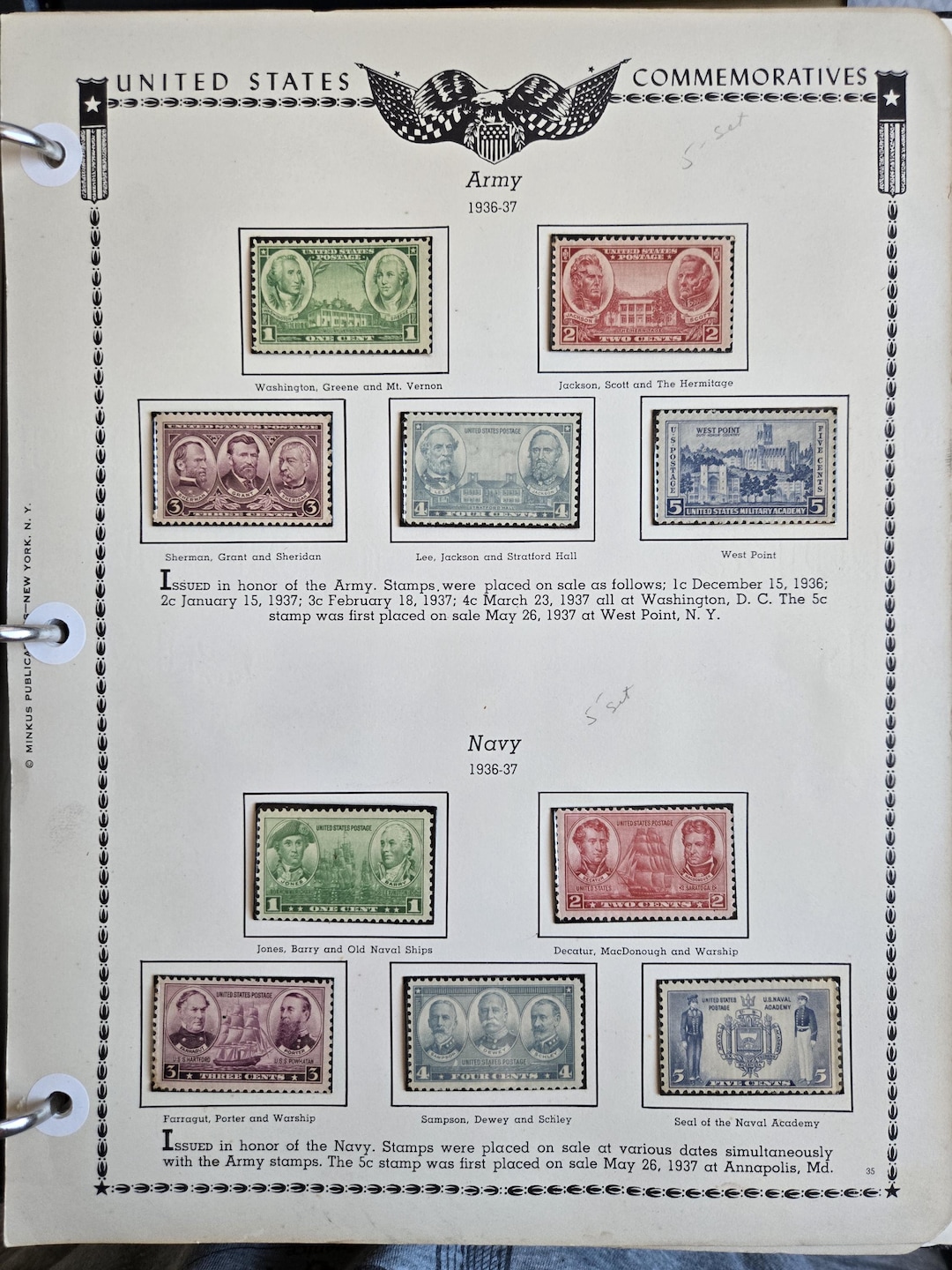 Set #2 of Ten 1936-7 Army and Navy Stamps // Scott 785-789 and 790-794 ...