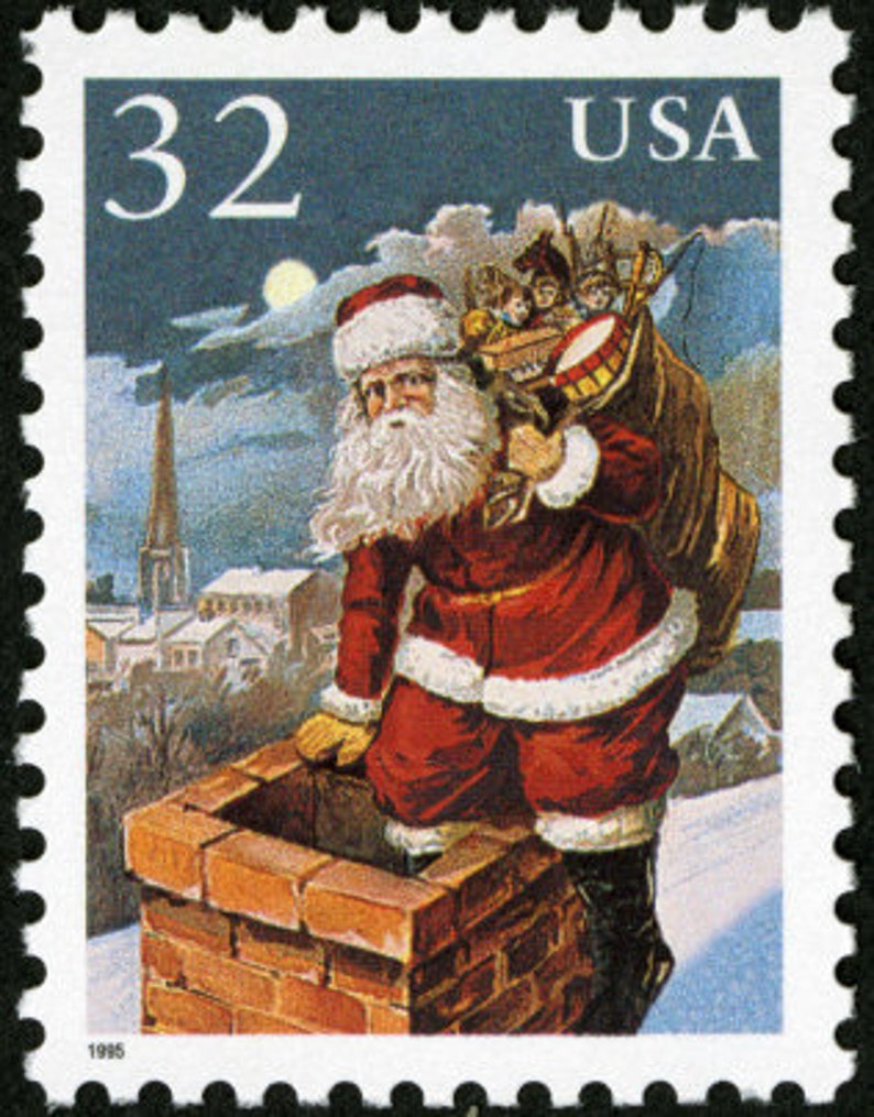 One 1 Santa Entering Chimney Stamp 32c // Vintage Christmas Postage ...
