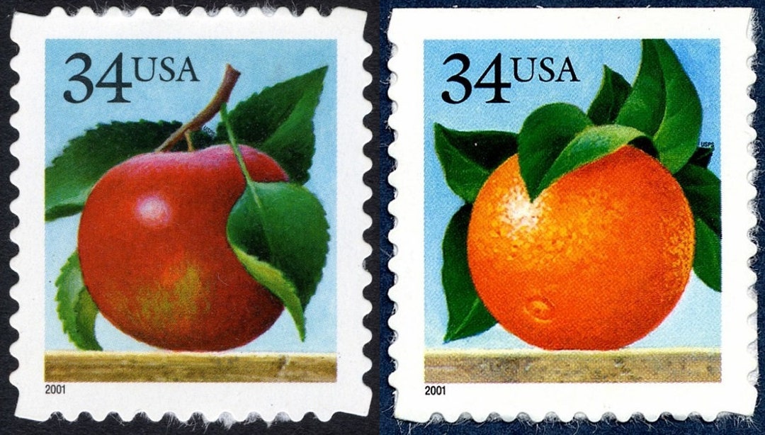 Two 2 Apple and Orange 34c Stamps // Unused Romantic Postage 34 Cent ...