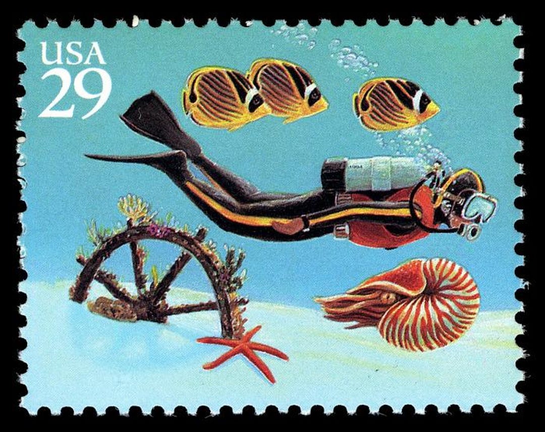Five 5 Diver and Ship's Wheel 29c Stamps // Wonders of the Sea ...