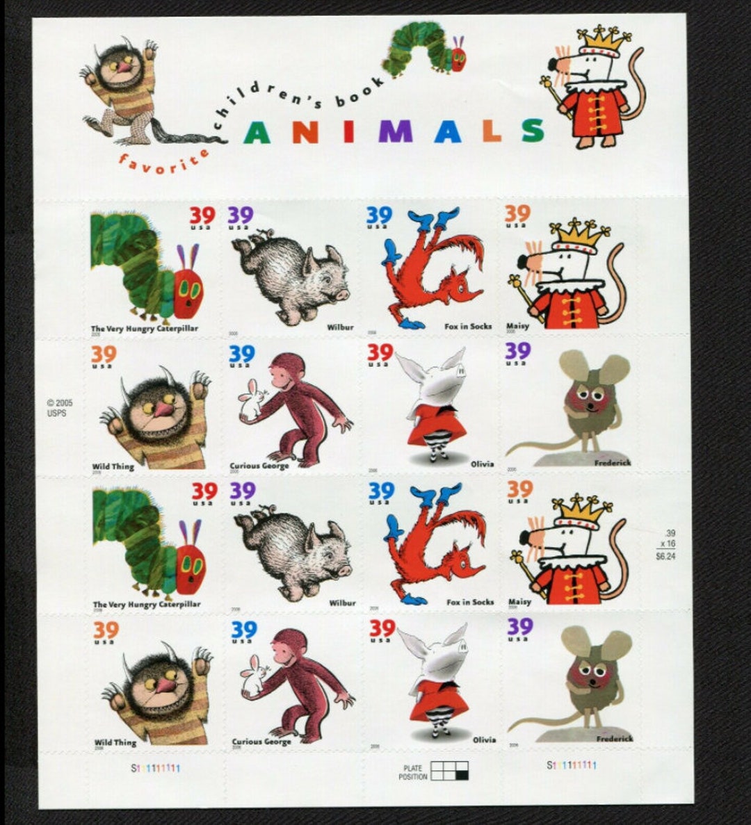 Sixteen 16 Favorite Children's Book Animals 39c Cent Stamp Sheet ...