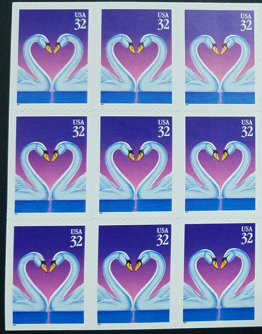 Five 5 Swans & Love 32c Stamps // Vintage Unused Wedding Postage Stamps ...