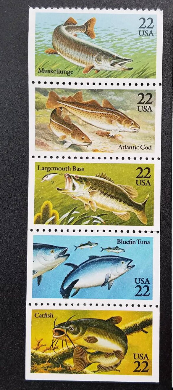 Five 5 Vintage Unused Postage Stamps Fish: Muskellunge, Cod, Bass, Tuna ...