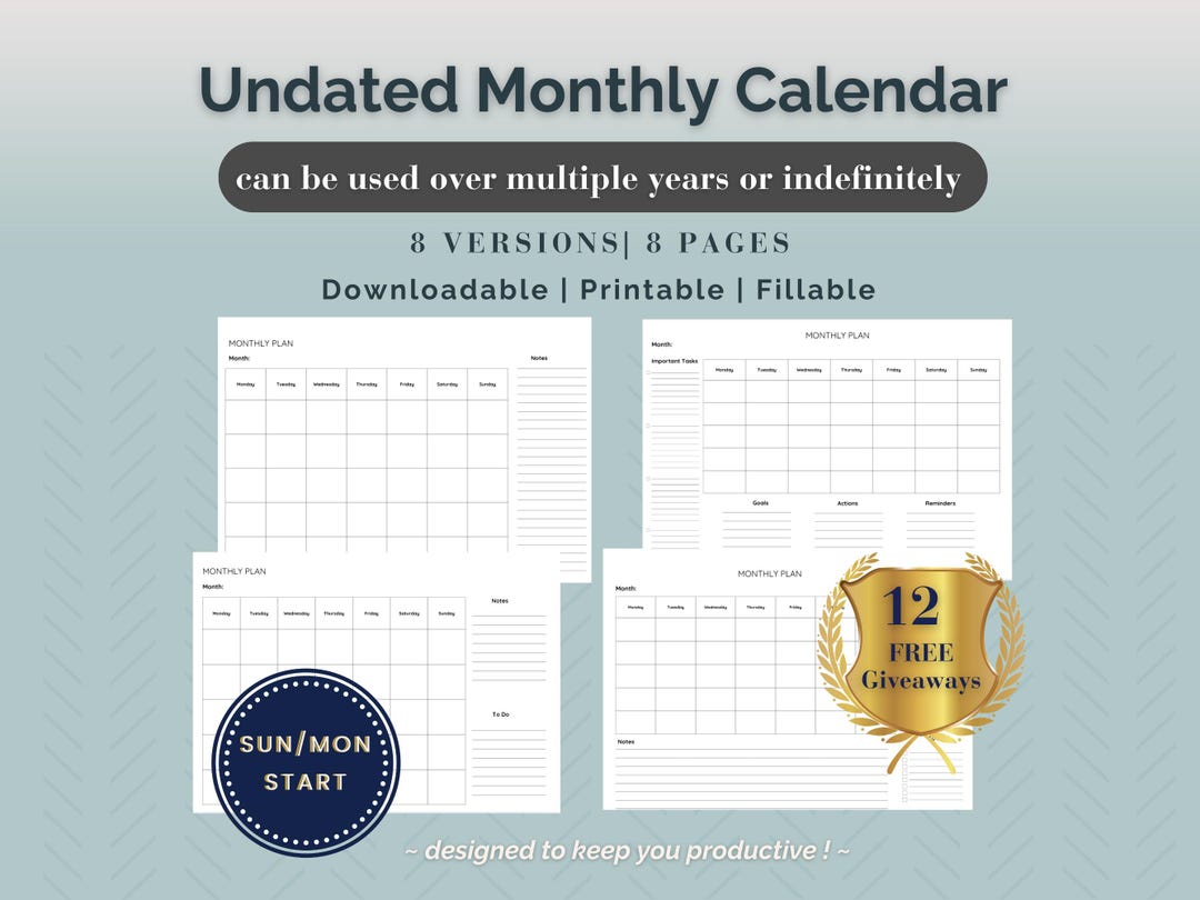 Undated Monthly Planner Printable,monthly Agenda,monthly Calendar Pdf ...
