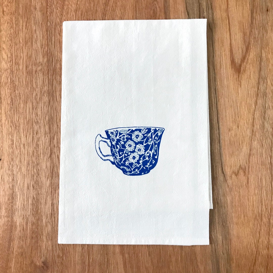 Charming Blue Tea Cup Kitchen Towel - Flour Sack Cotton, Hand ...