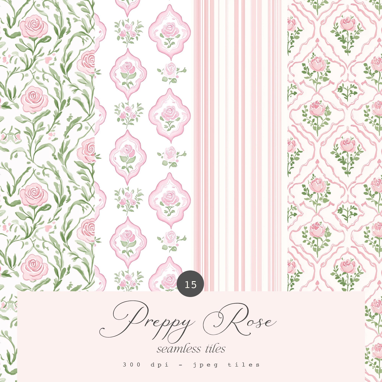 Preppy Rose Seamless Patterns in Grandmillenial Style - Watercolor ...