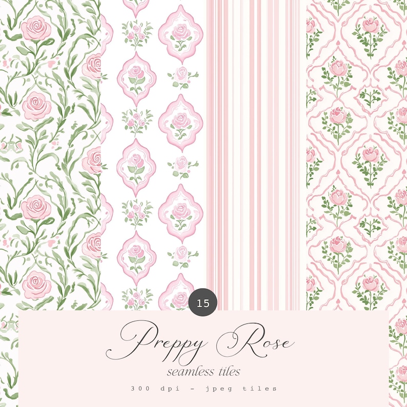 Preppy Rose Seamless Patterns in Grandmillenial Style - Watercolor ...