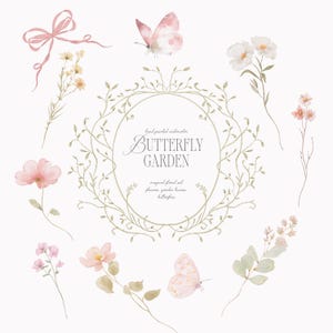 Hand Painted Watercolor Blush Butterfly Garden Clipart Set With Wild ...