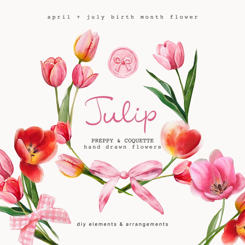 Watercolor Hand Painted Tulips Clipart - April and July Birth Month ...