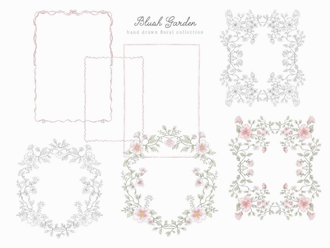 Hand Drawn Vintage Line Art and Lace Doily Blush Floral Clipart Set ...