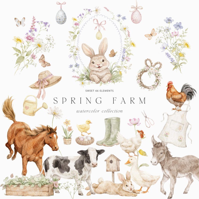 Watercolor Spring Farm Clipart - Floral Collection - Etsy