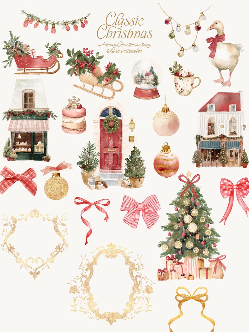 Watercolor Classic Christmas Clipart - Preppy Christmas - Christmas ...