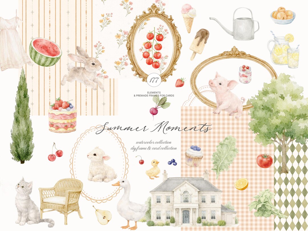 Watercolor Summer Cottage Clipart Set - Cottagecore Collection - Etsy
