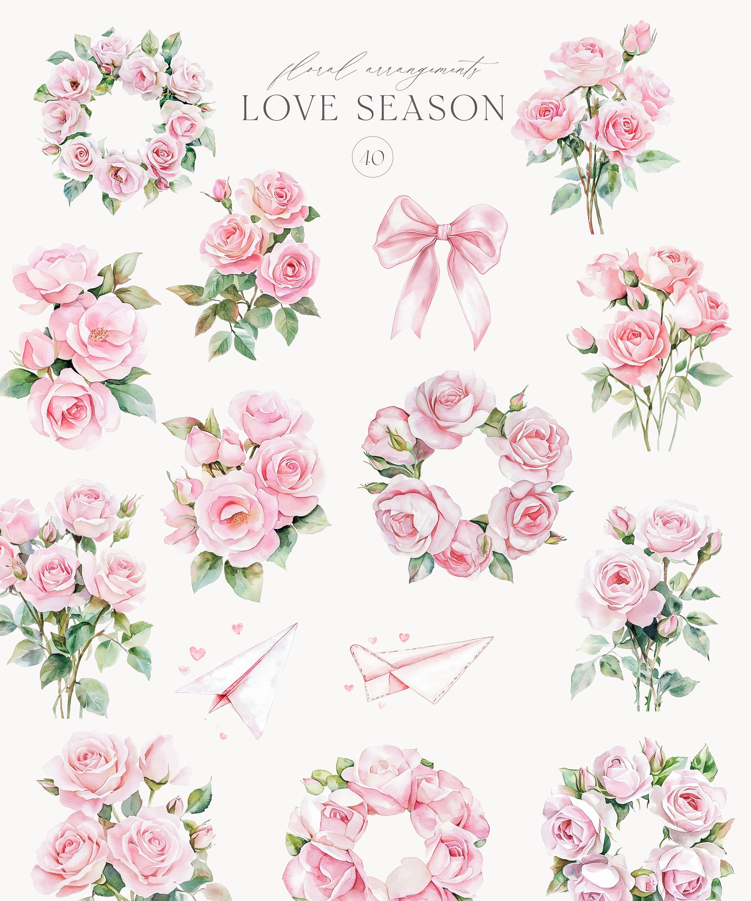 Watercolor Roses and Hearts February Valentines Day Clipart - Pink ...